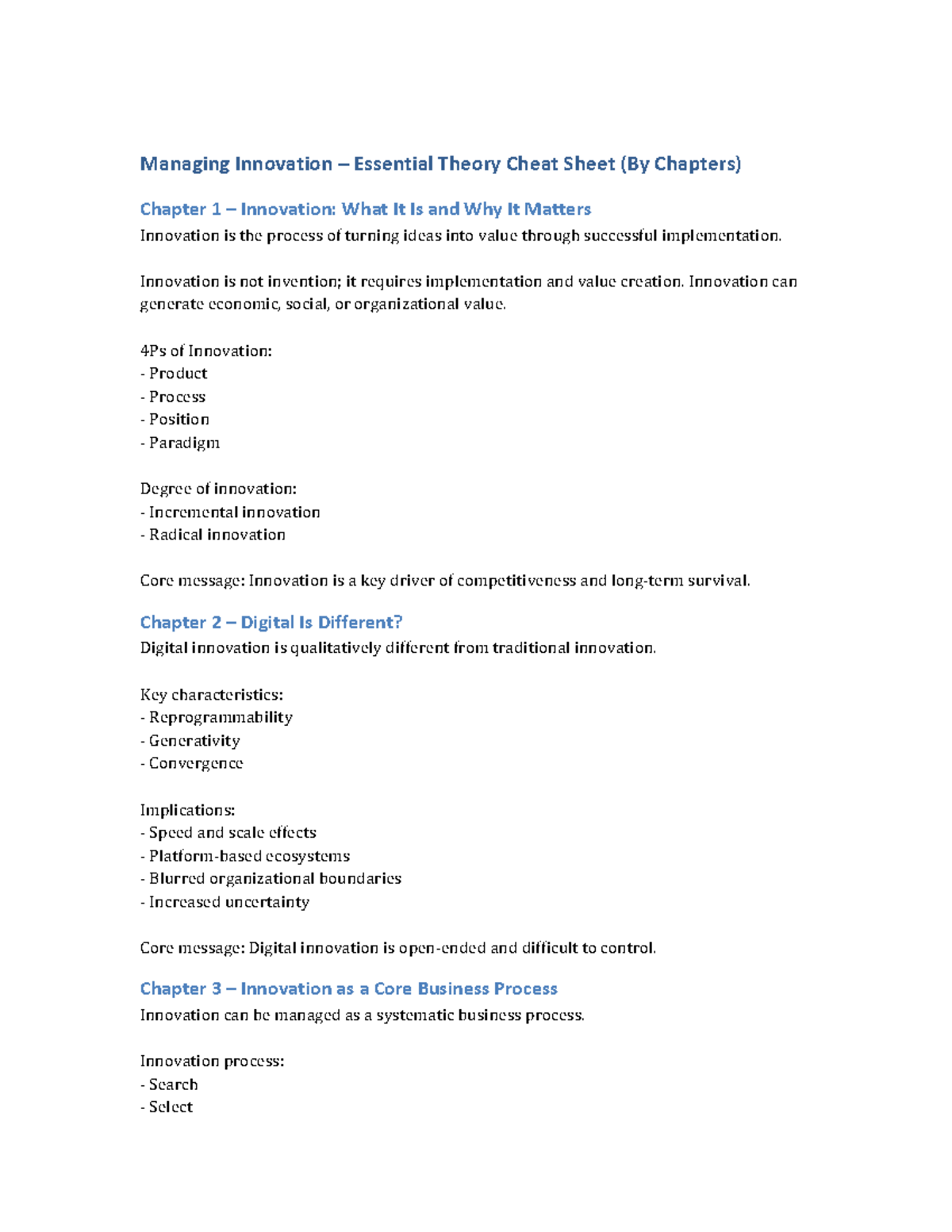 Managing Innovation: Essential Theory Cheat Sheet (Chapters) - Studocu