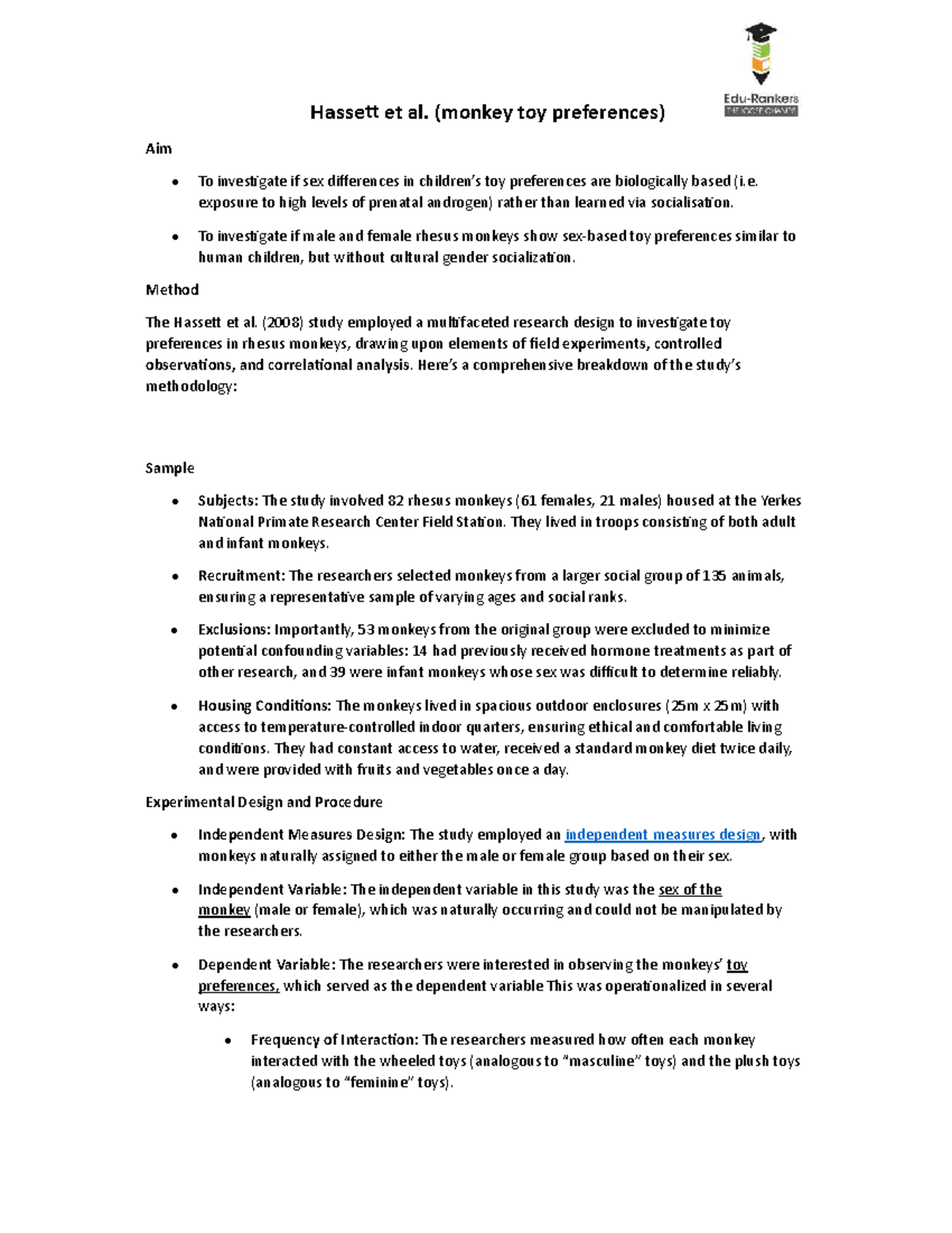 Hassett et al. (2008) Study on Rhesus Monkey Toy Preferences - Studocu