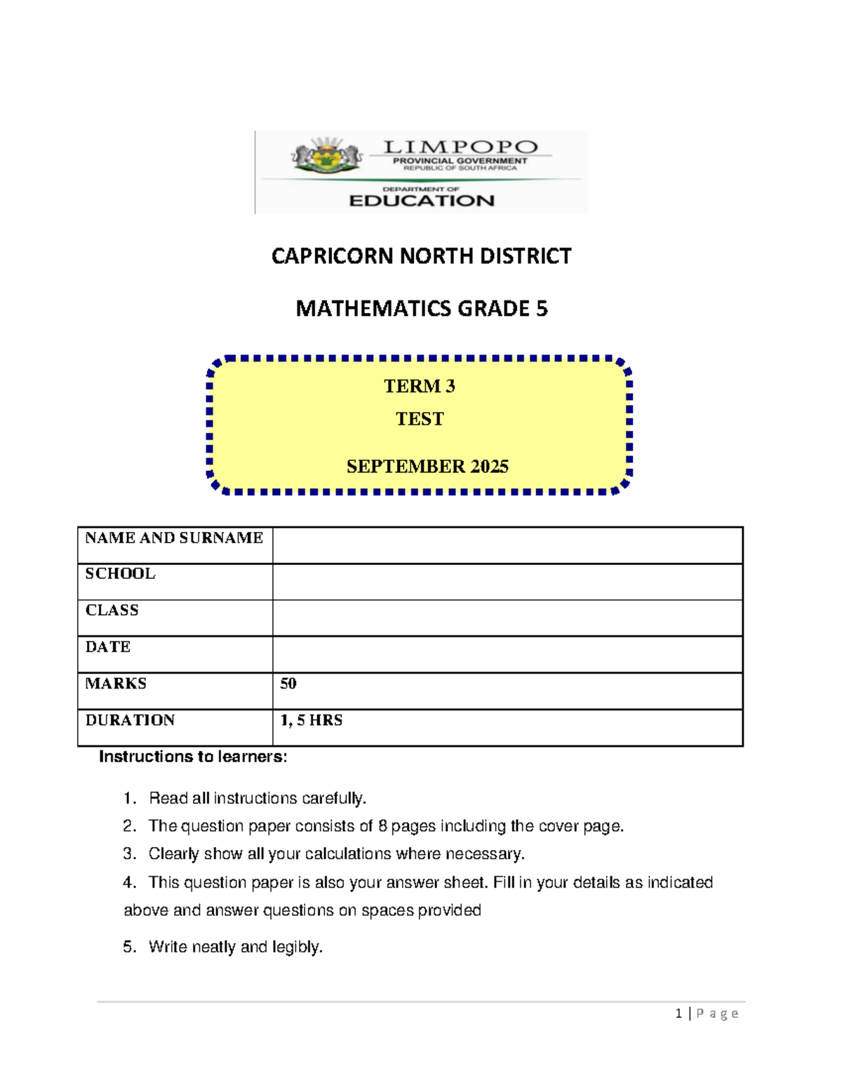 CAPRICORN NORTH DISTRICT GRADE 5 MATH TERM 3 TEST SEPT 2025 - Studocu