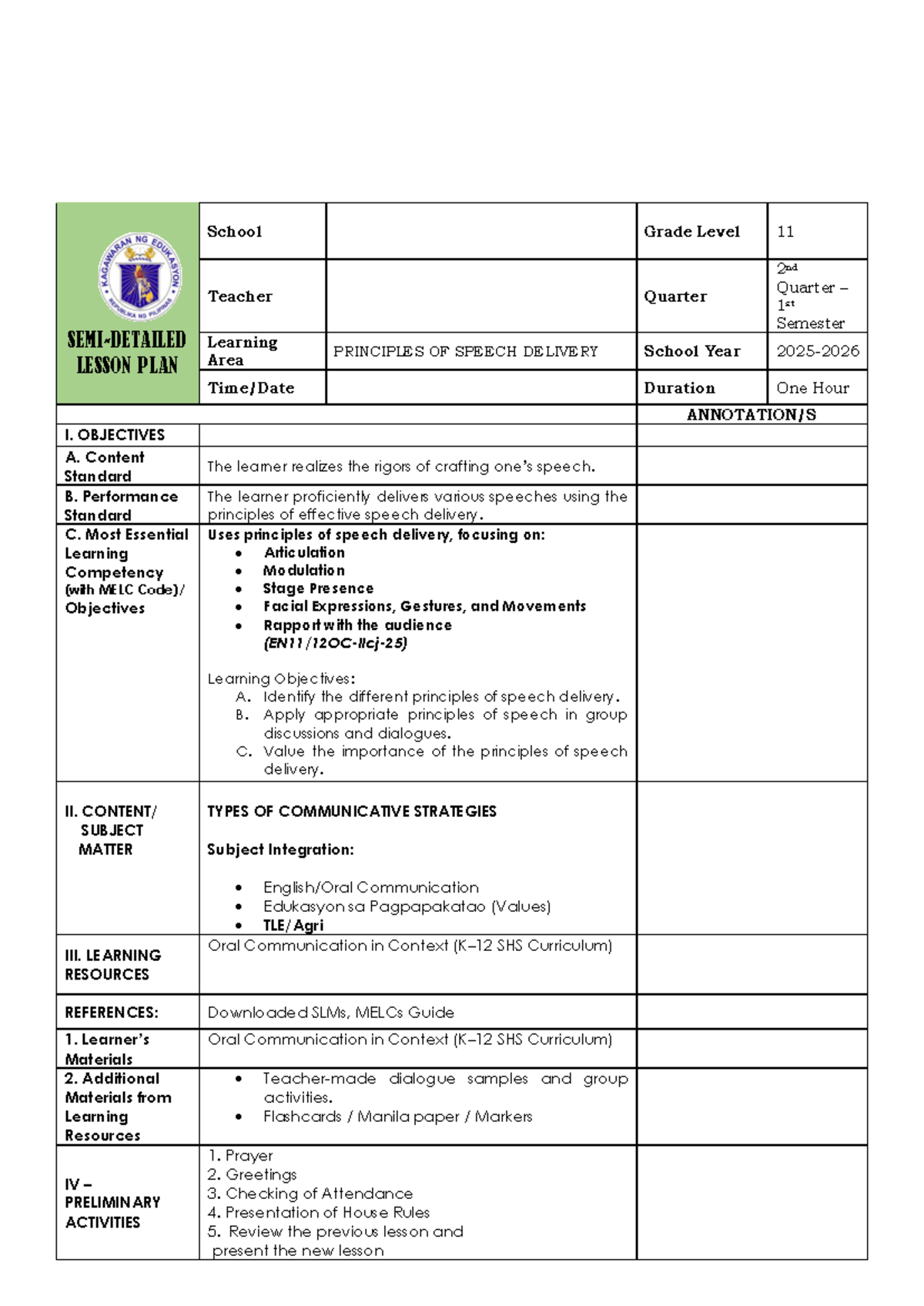 Lesson Plan: Principles of Speech Delivery (Grade 11, Q2) - Studocu