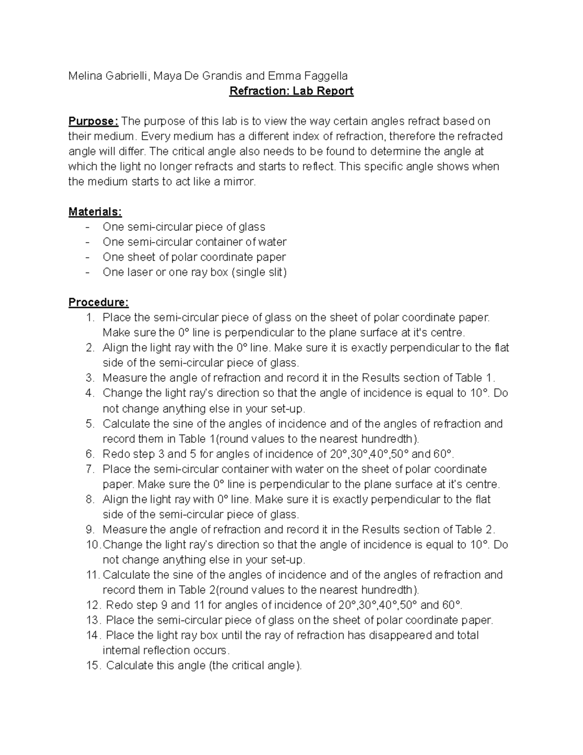 Refraction Lab Report (PHYS 101): Analyzing Light Behavior in Different Mediums - Studocu
