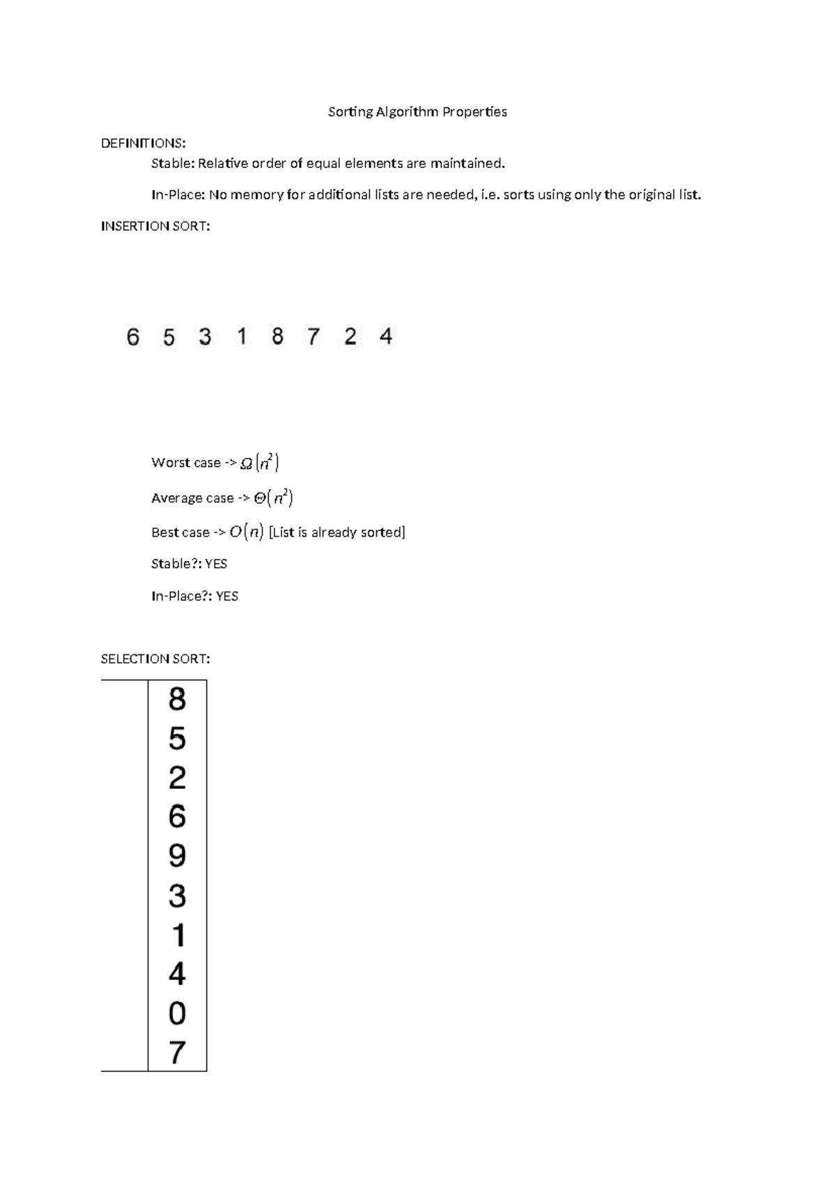 Sorting Algorithm Properties: Stability and Performance Analysis - Studocu