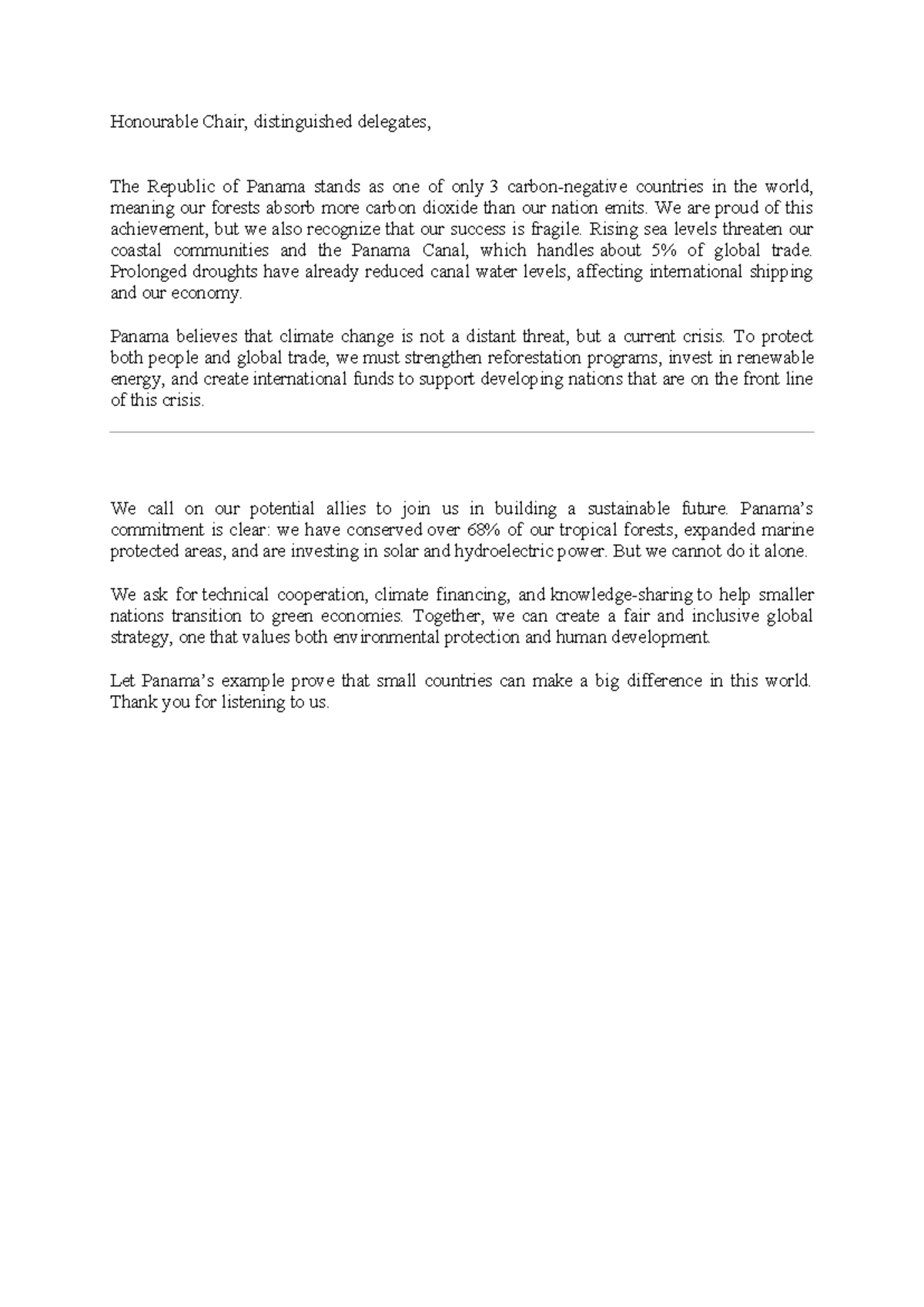 Panama's Commitment to Climate Action: A Speech for Anglais - Studocu