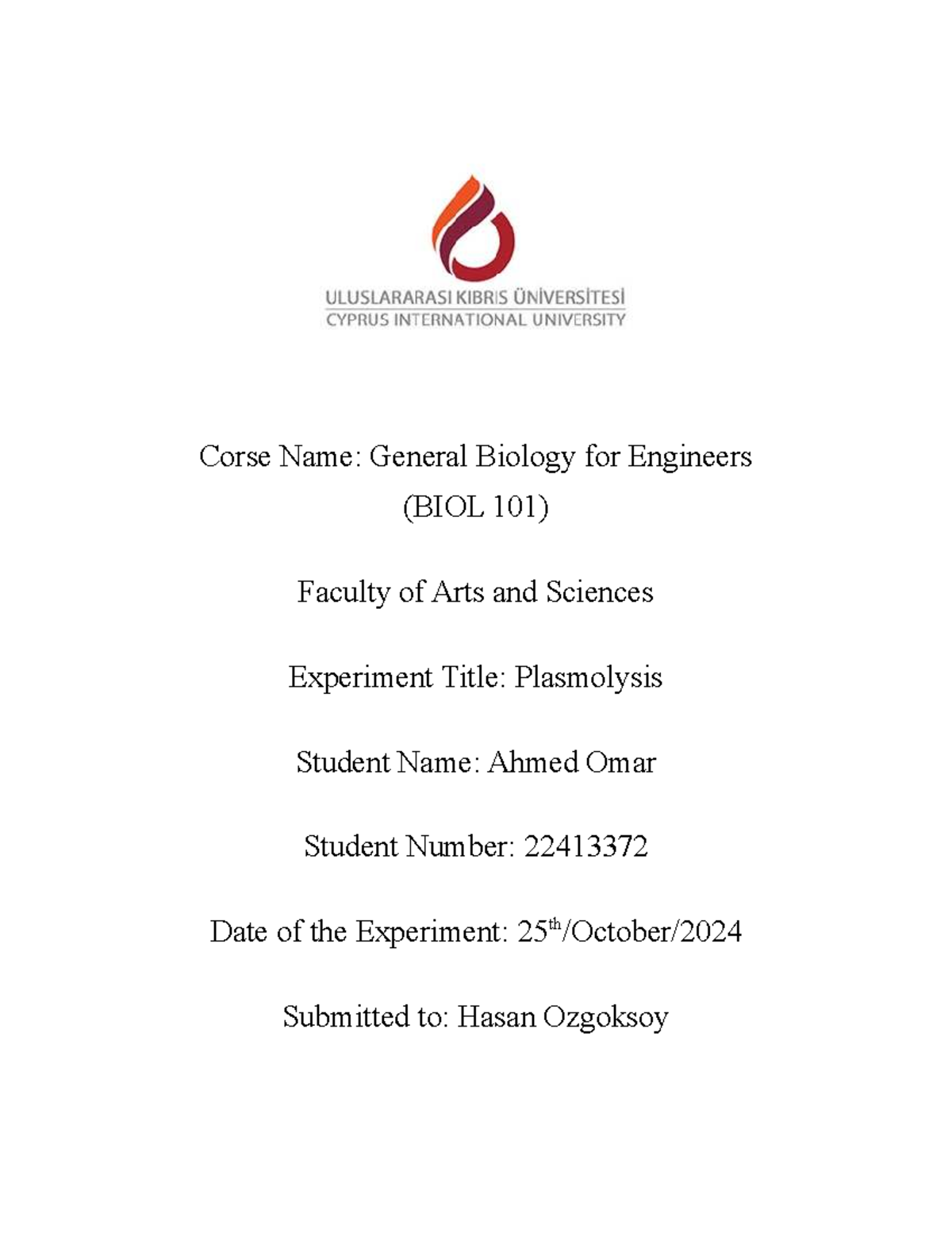 Plasmolysis Experiment Report (BIOL 101) - Experiment No. 3 - Studocu