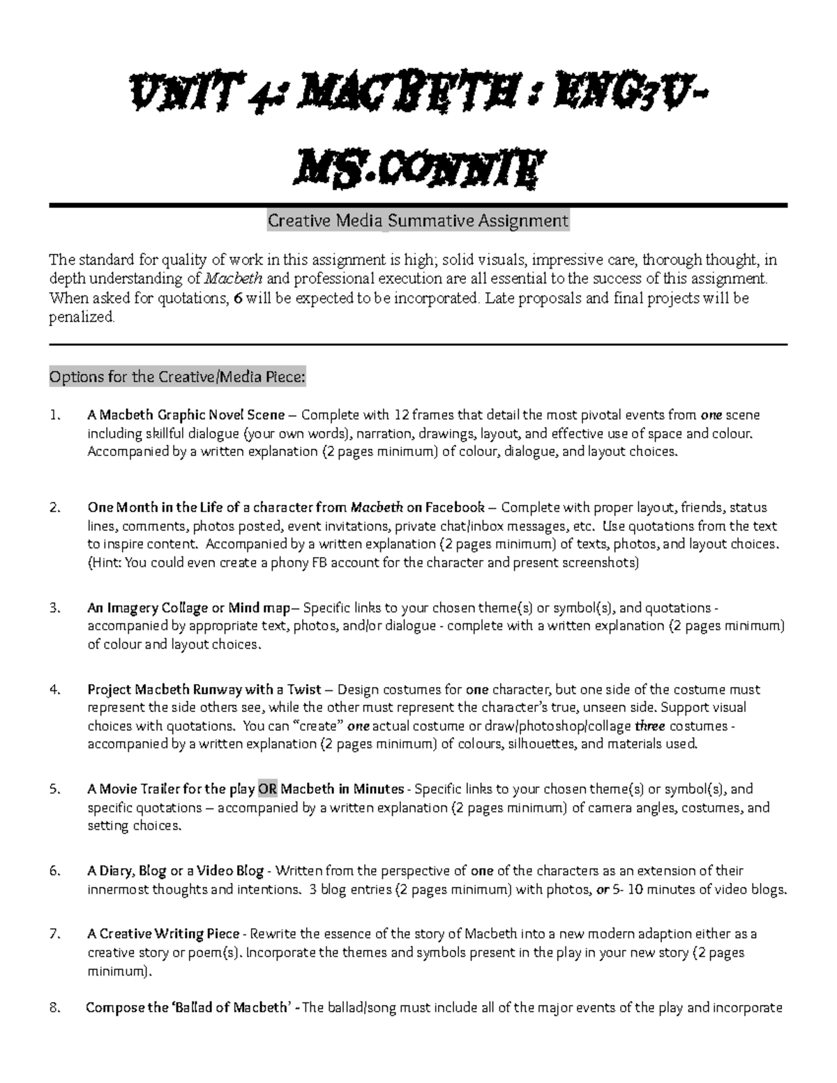 ENG 3U: Macbeth Creative Media Summative Assignment Guidelines - Studocu