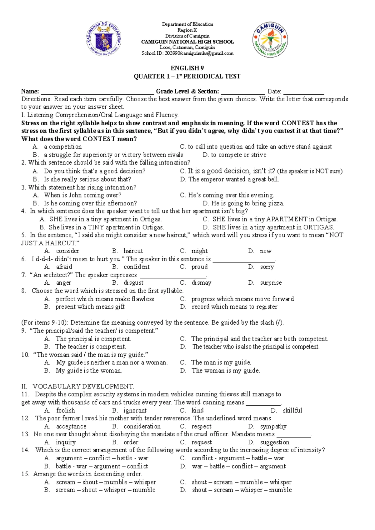 EN7 1st Quarter Exam Table of Specifications - Studocu
