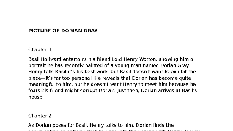 The Picture of Dorian Gray: Chapter Summaries and Analysis - Studocu