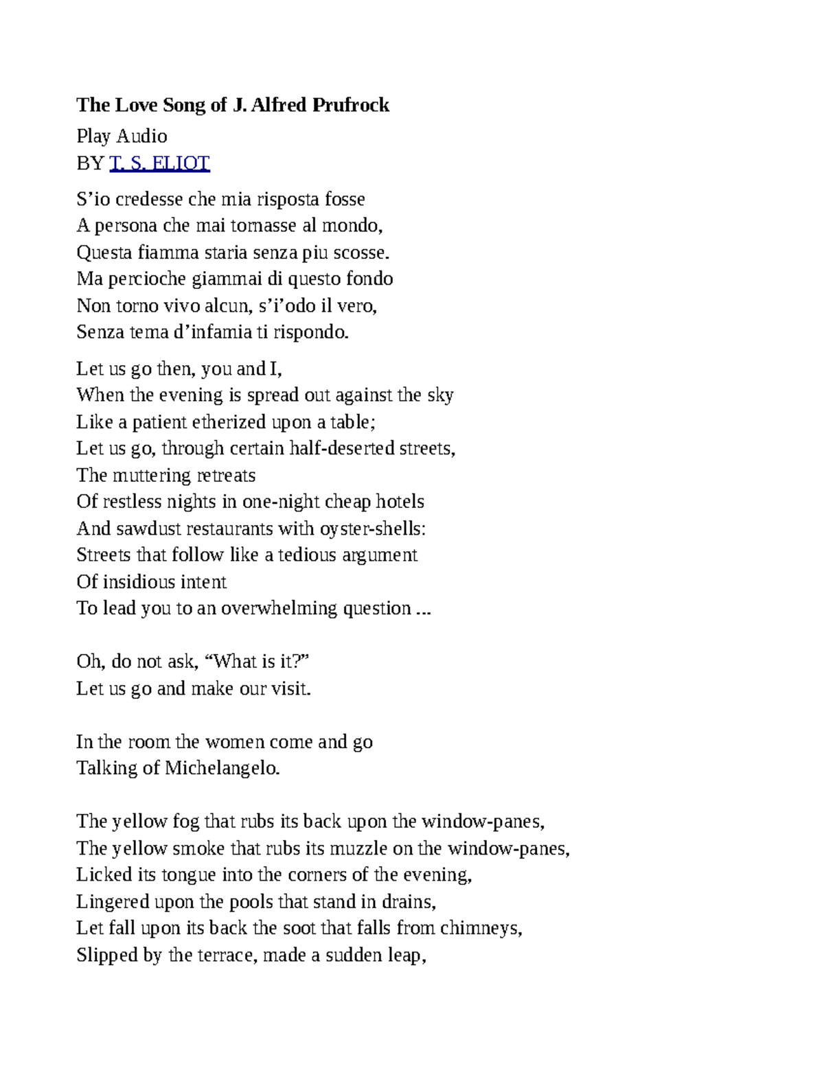 Análisis y Ejercicios sobre "The Love Song of J. Alfred Prufrock" - Studocu