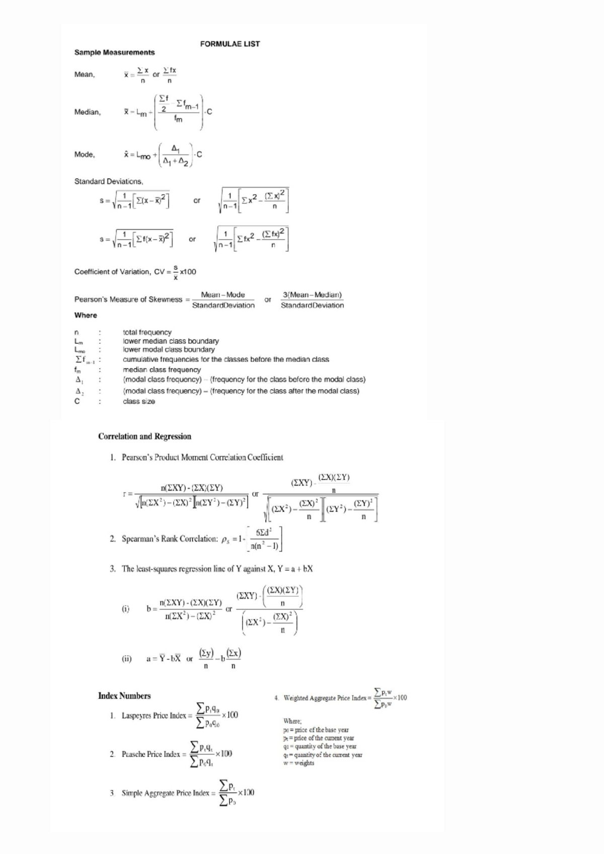 STA104 Formulae List: Measurements, Correlation, and Regression - Studocu
