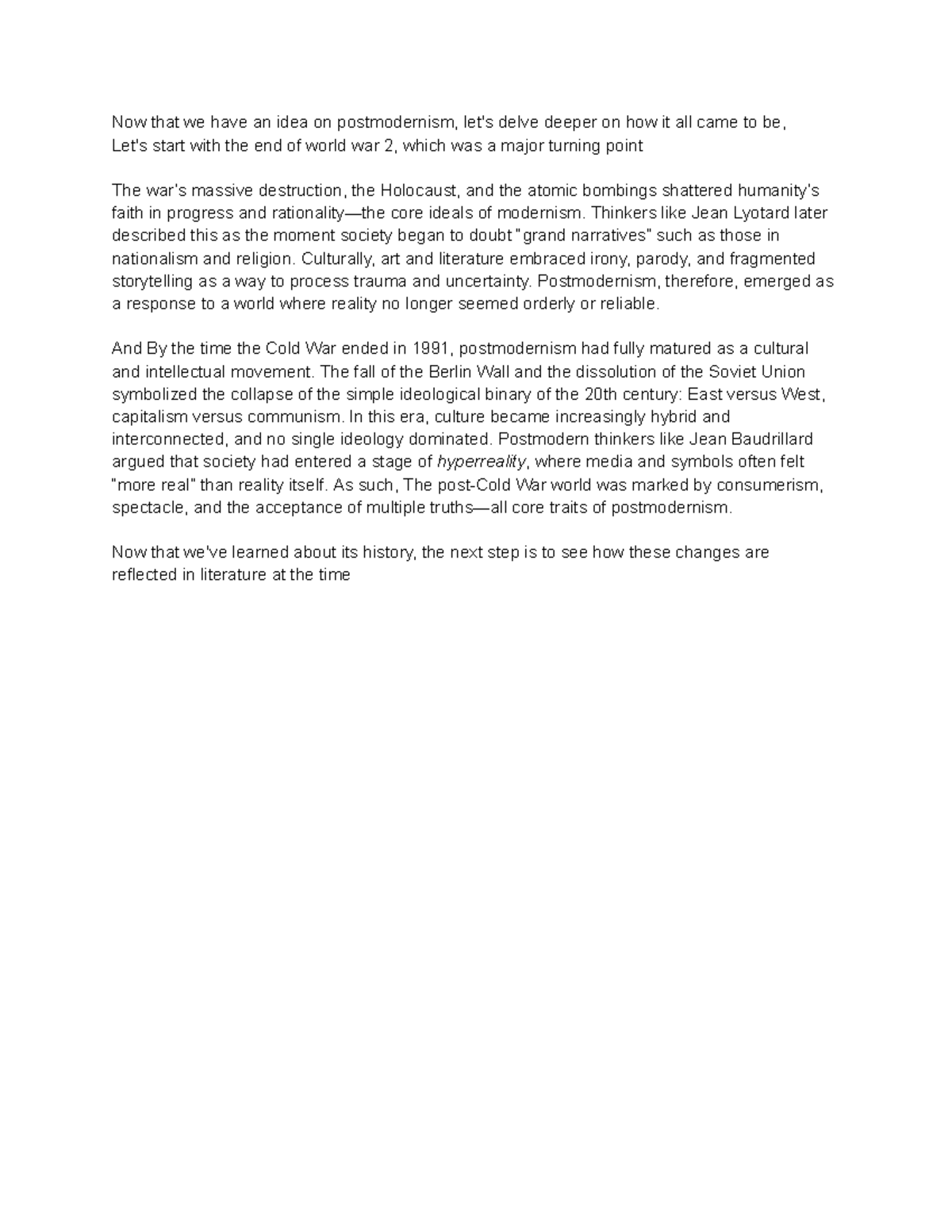 Postmodernism: A Historical Overview from WWII to the Cold War - Studocu