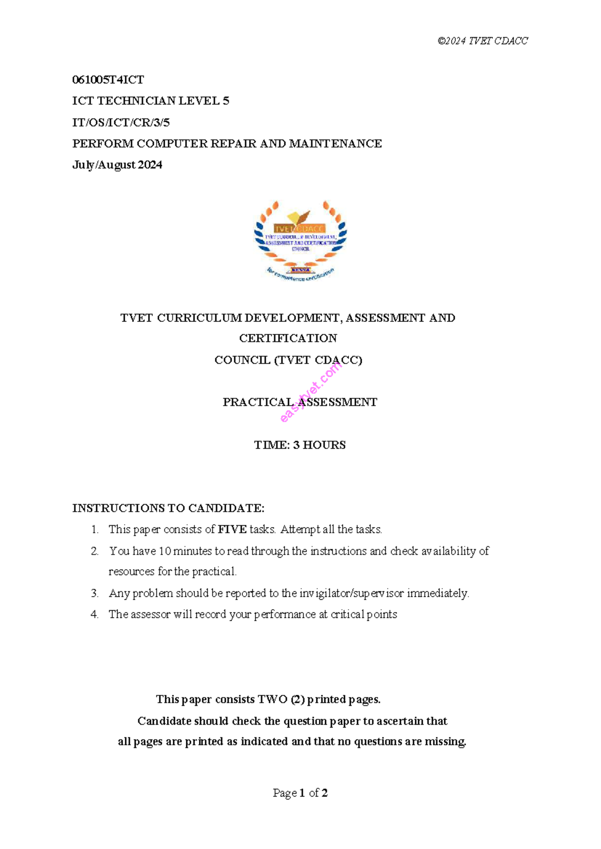 TVET CDACC 061005T4ICT ICT Technician Level 5 Comp Repair & Maint 2024 ...