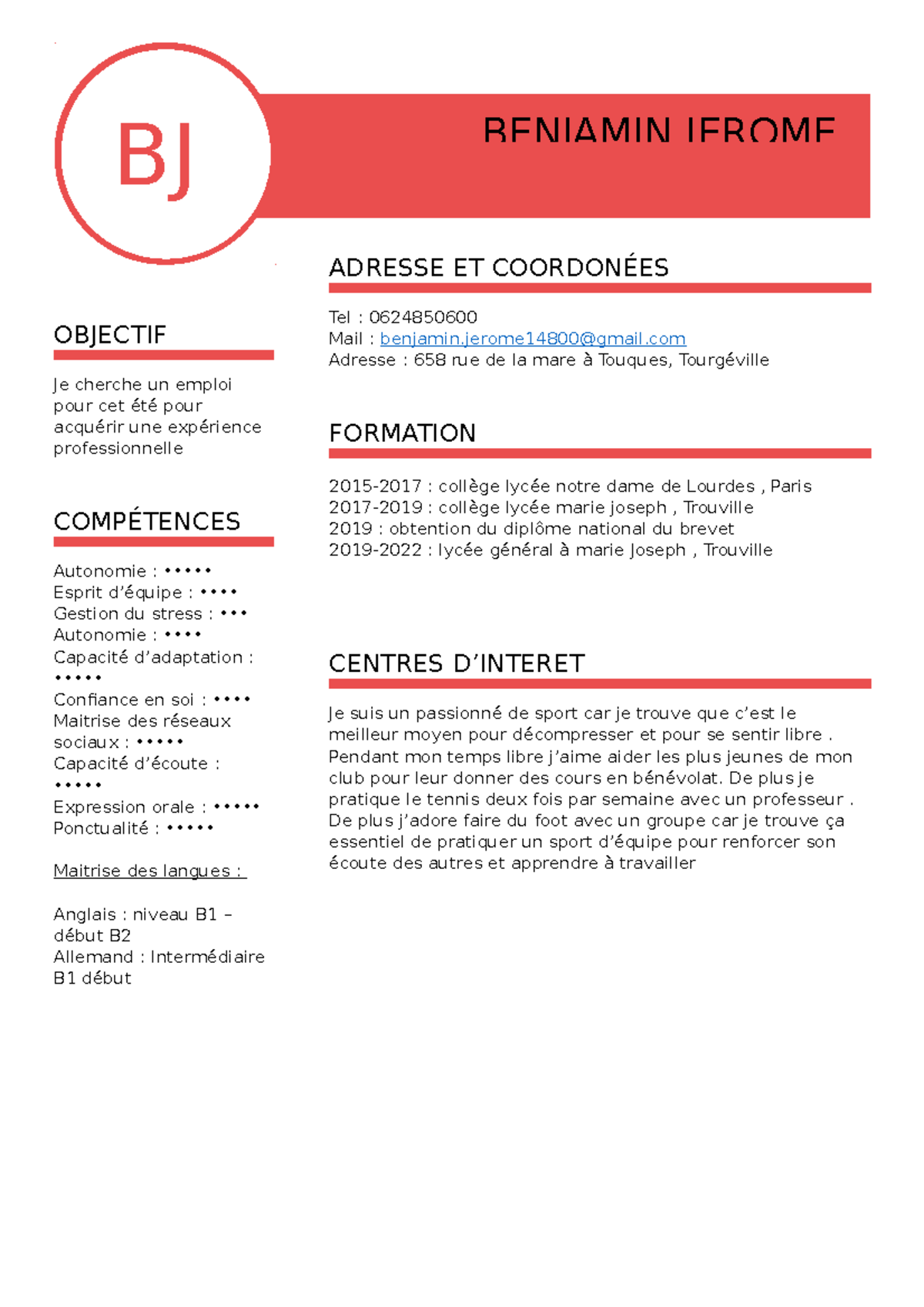 CV de Benjamin - Exemple de candidature estivale - Studocu
