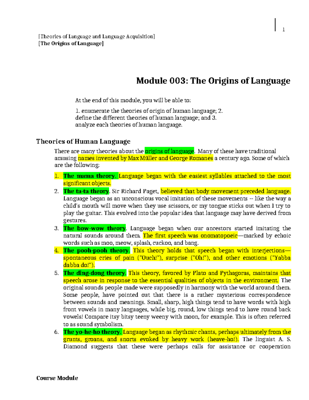 Module 003: The Theories of Human Language Origins Explained - Studocu