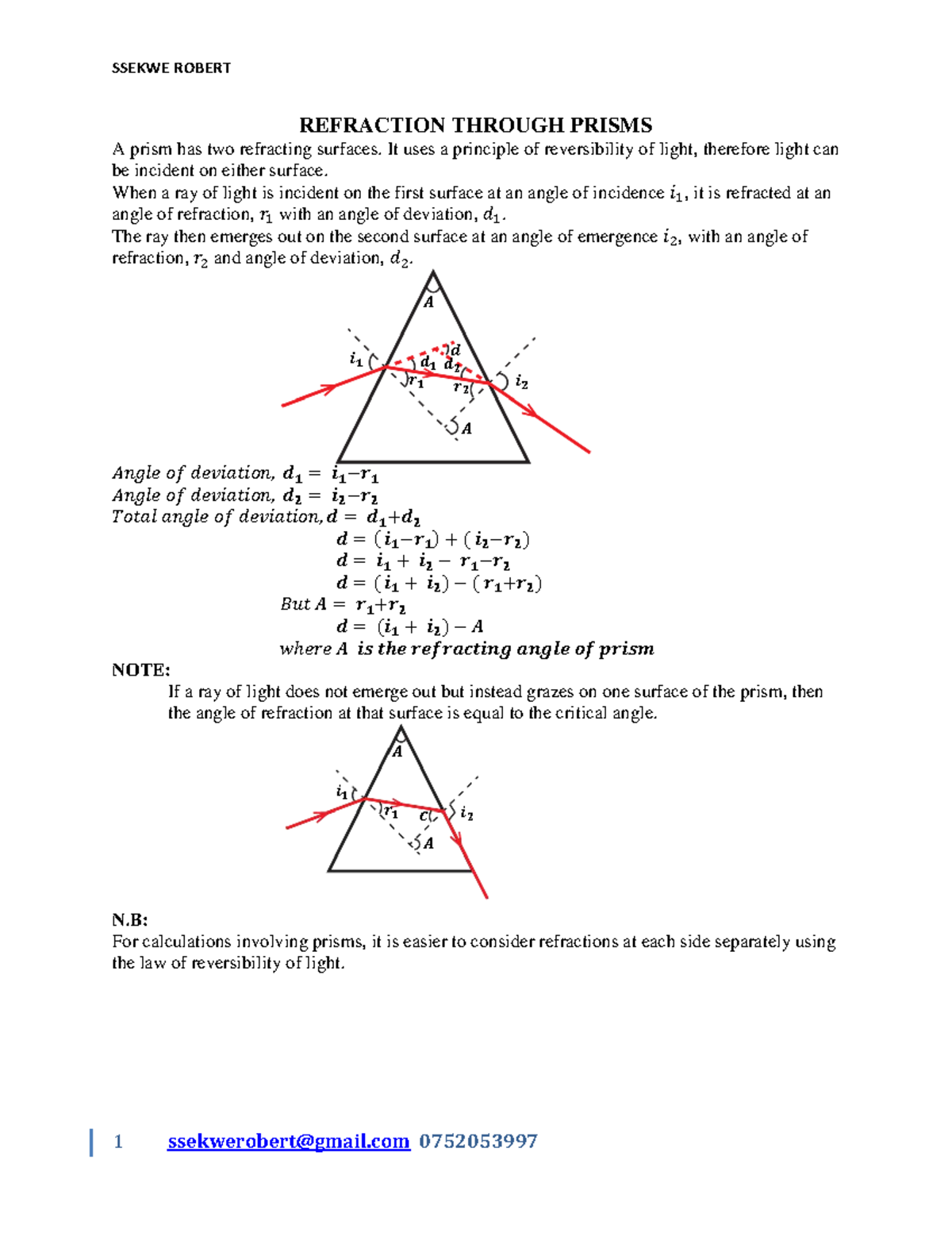 SSEKWE 0752053997 REFRACTION THROUGH PRISMS: LIGHT NOTES PART 2 - Studocu