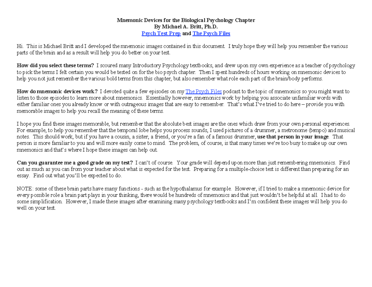 Brain Mnemonics remeber the brain - Mnemonic Devices for the Biological ...