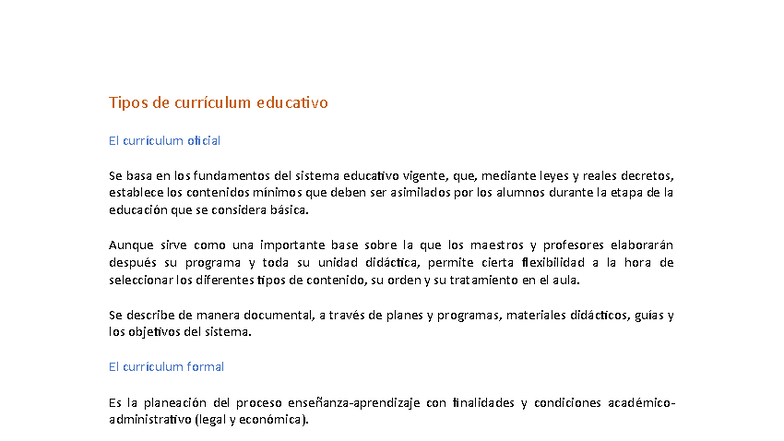 Tipos de Currículum Educativo y sus Características - Studocu