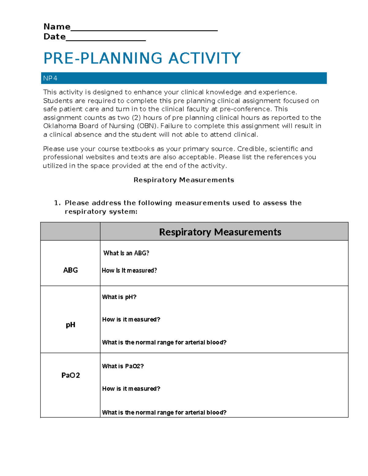 Pre-Planning Activity: NP4 Respiratory Measurement Guide - Studocu