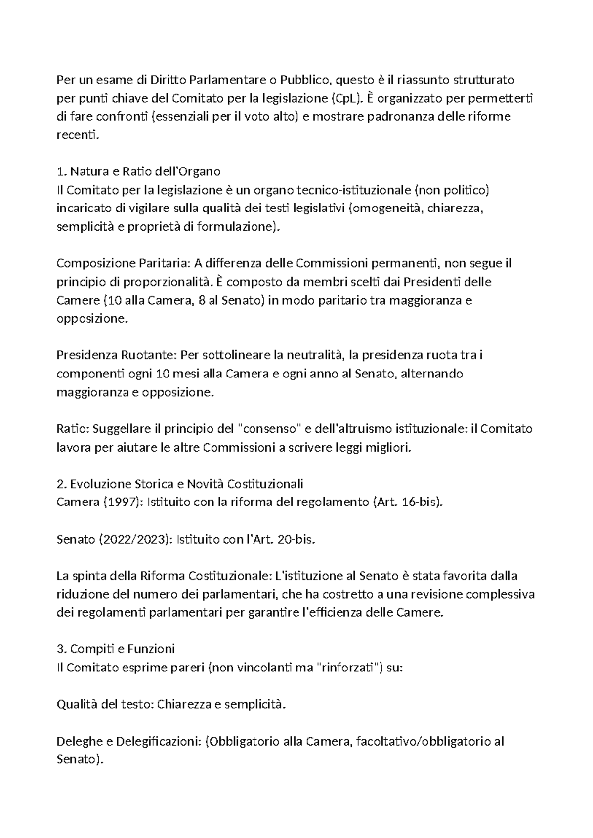 Riassunto Strutturato sul Comitato per la Legislazione (CpL) - Studocu
