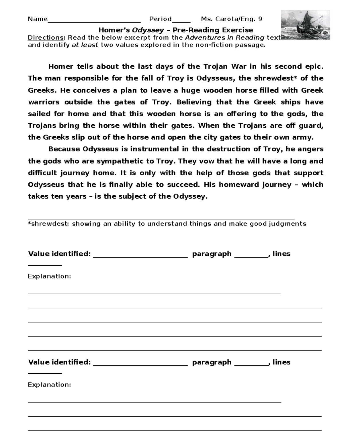 Pre-reading odyssey - Name______________________________ Period ...