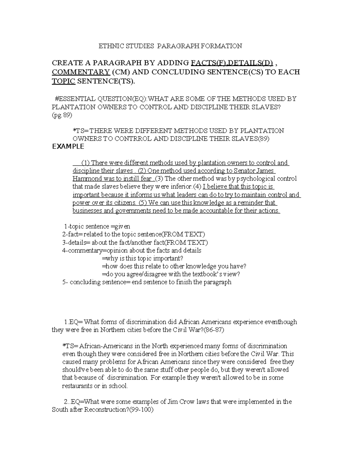 ETHNIC STUDIES: PARAGRAPH FORMATION ON SLAVERY METHODS & DISCRIMINATION ...