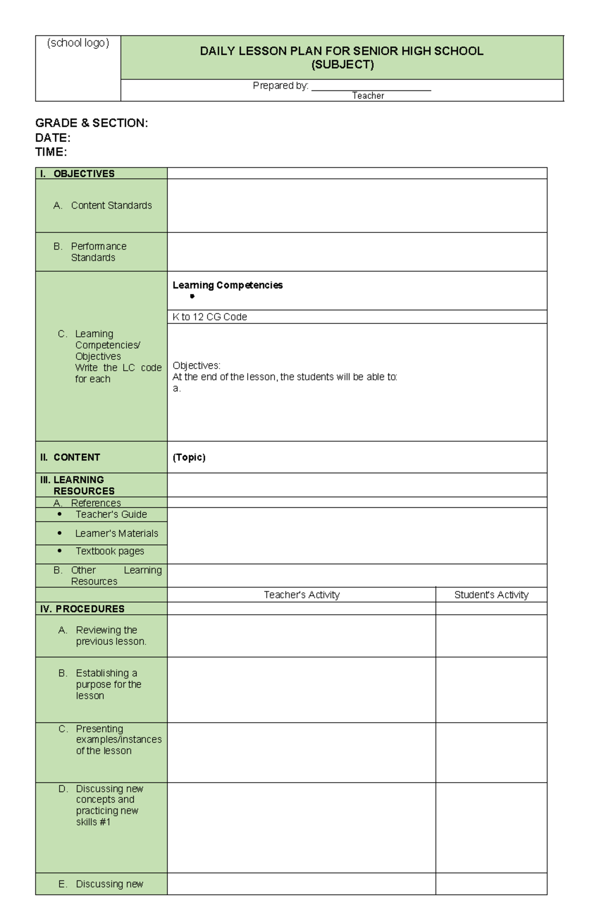 Senior High School Daily Lesson Plan Template (DLP) - Studocu