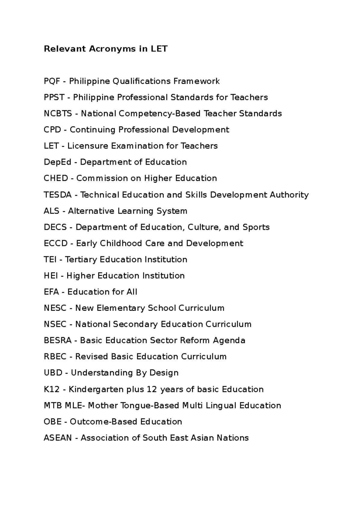 LET Acronyms: Key Terms in Philippine Education Frameworks - Studocu