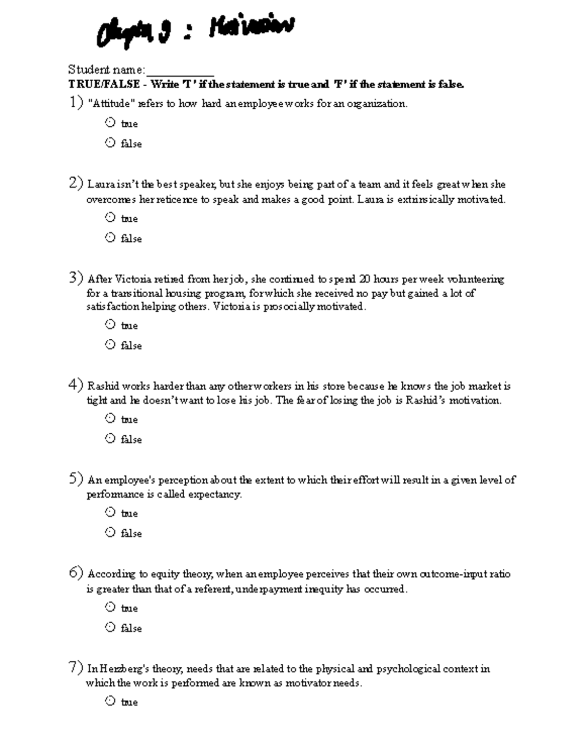 Chapter 9 - Quiz on Motivation Theories and Concepts - Studocu