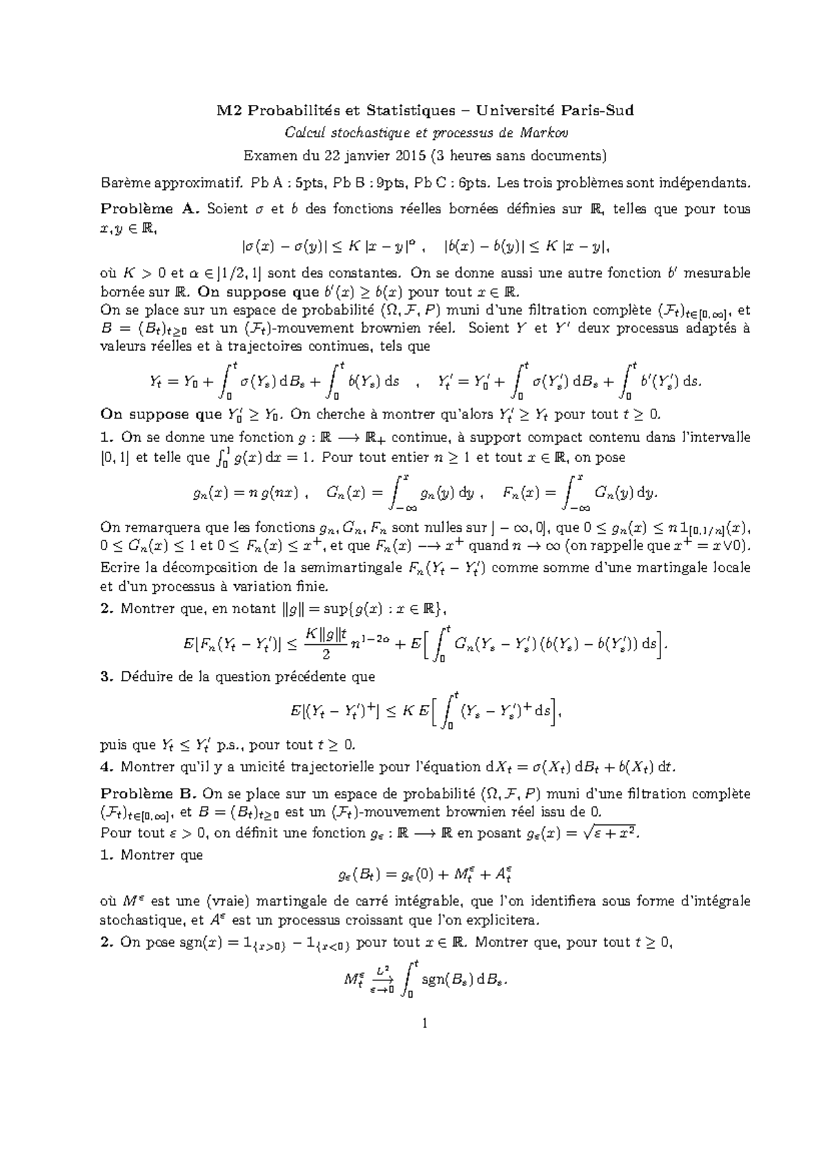 M2-exam-jan15 - exercices - M2 Probabilit ́es et Statistiques ...
