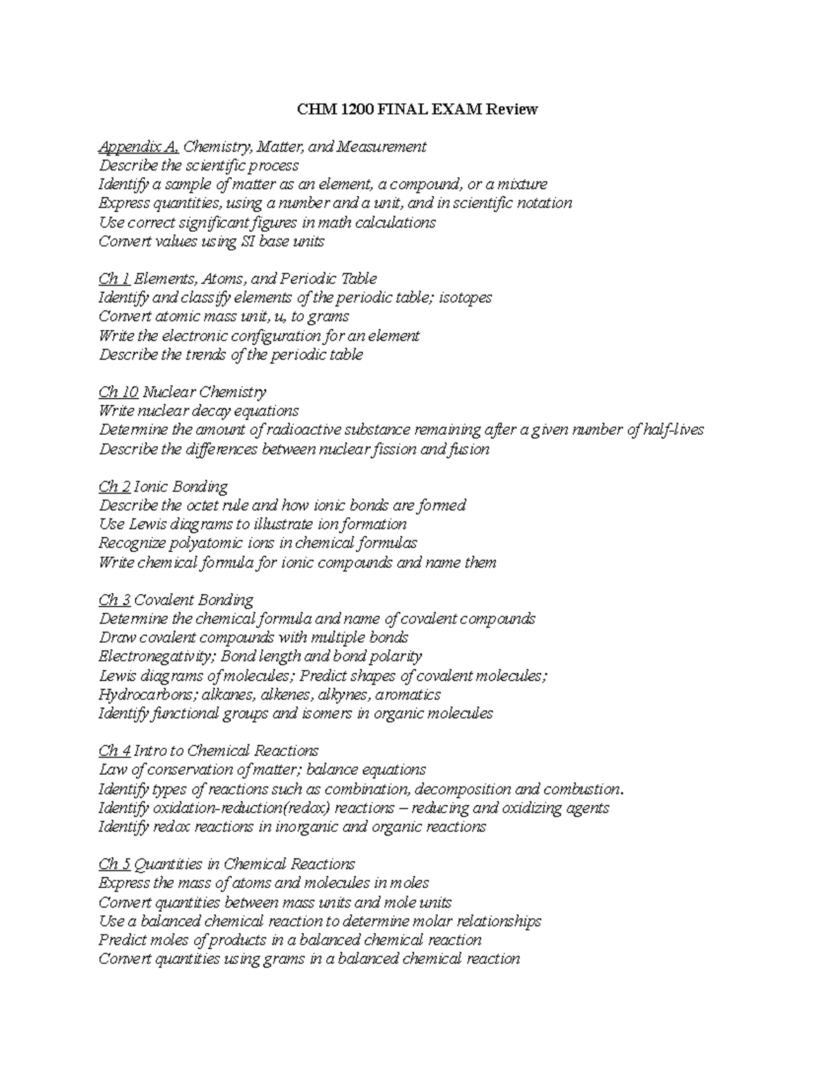 CHM 1200 Final Exam Concept Review and Key Topics Summary - Studocu