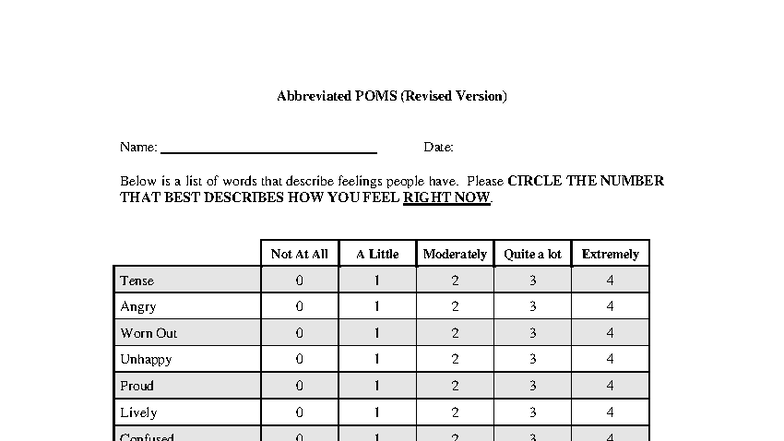 Abbreviated POMS Questionnaire (Revised Version) - Studocu