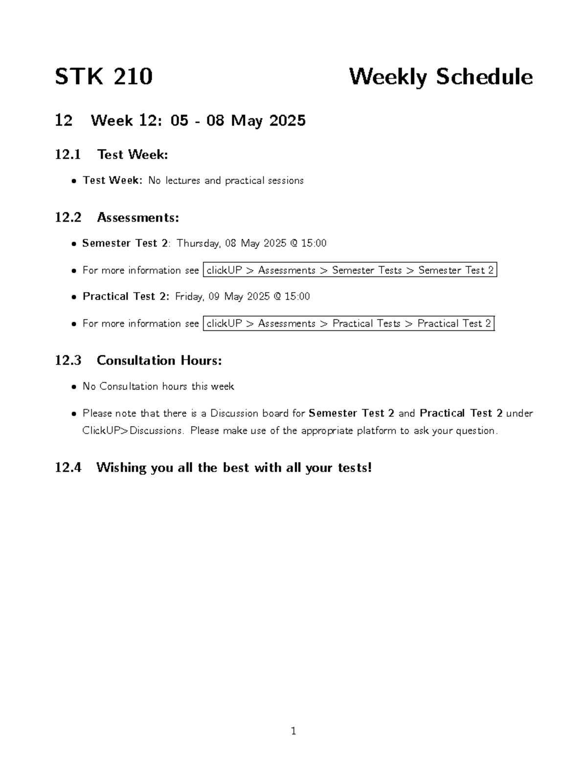 STK 210 Week 12 Schedule: Test Week & Assessment Details - Studocu