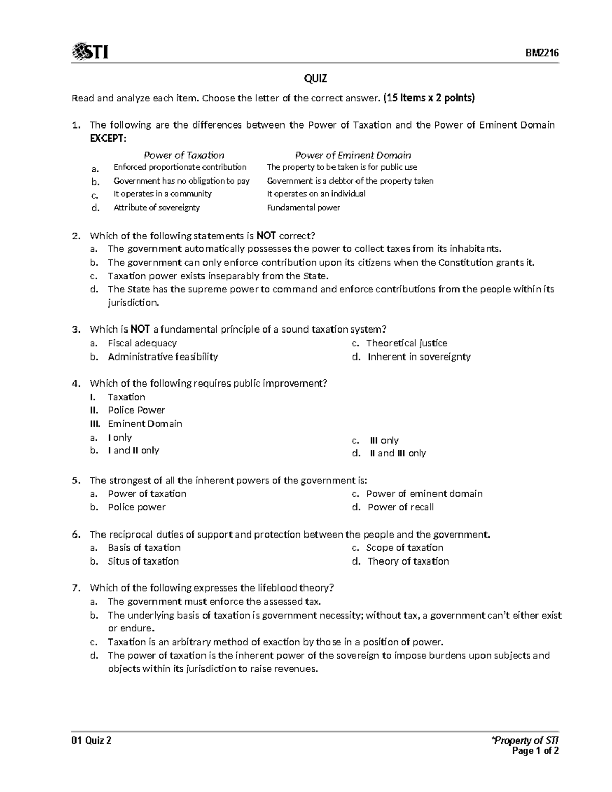 01 Quiz 2 - Please - BM 01 Quiz 2 *Property of STI Page 1 of 2 QUIZ ...