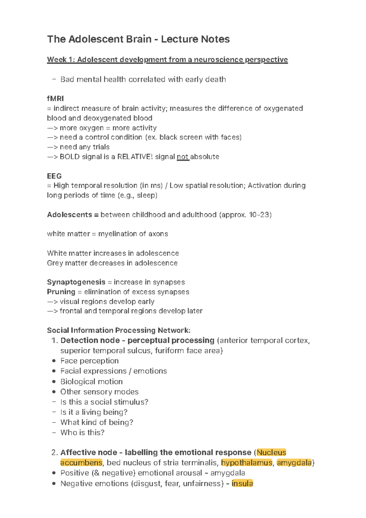 The Adolescent Brain Lecture Notes: Week 1 Insights on Neuroscience and ...