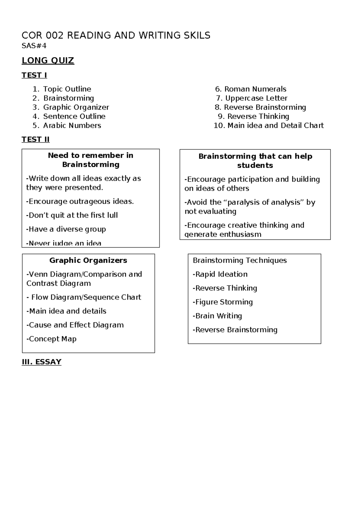 COR 002 Reading & Writing Skills: Long Quiz & Essay Tips - Studocu