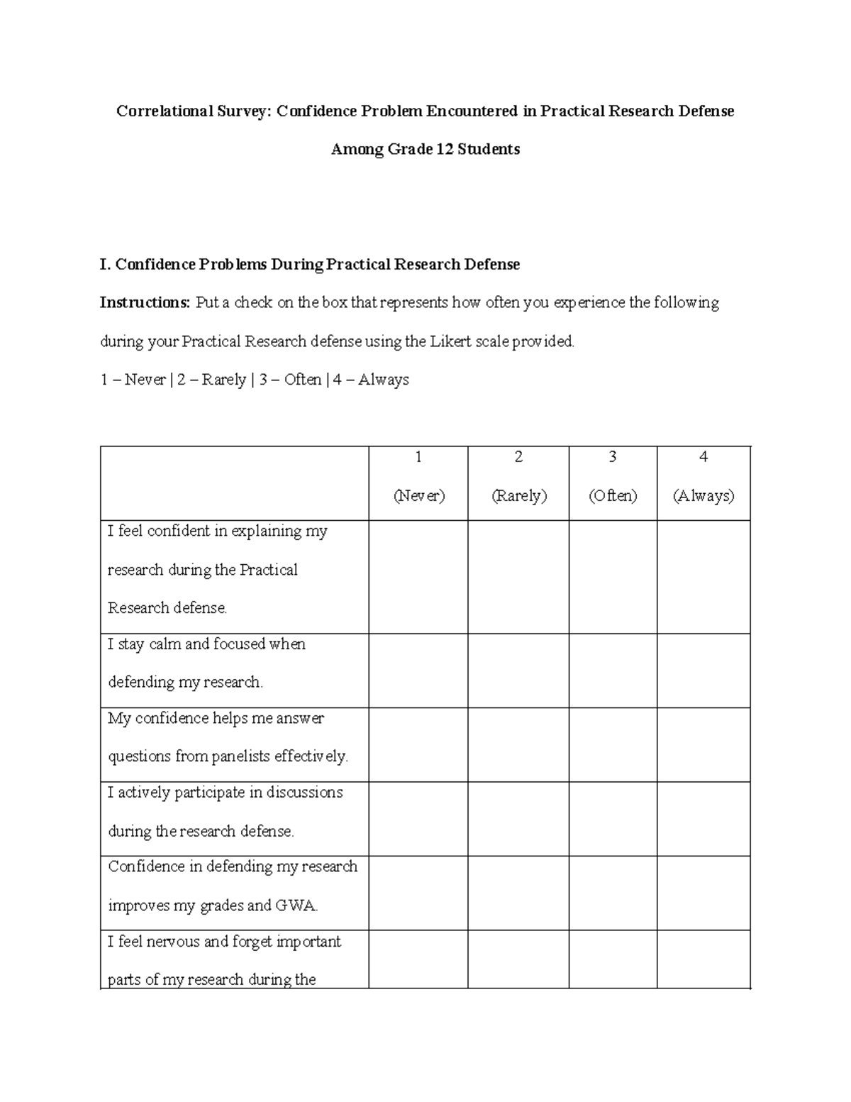 Correlational Survey: Confidence Issues in Practical Research Defense ...