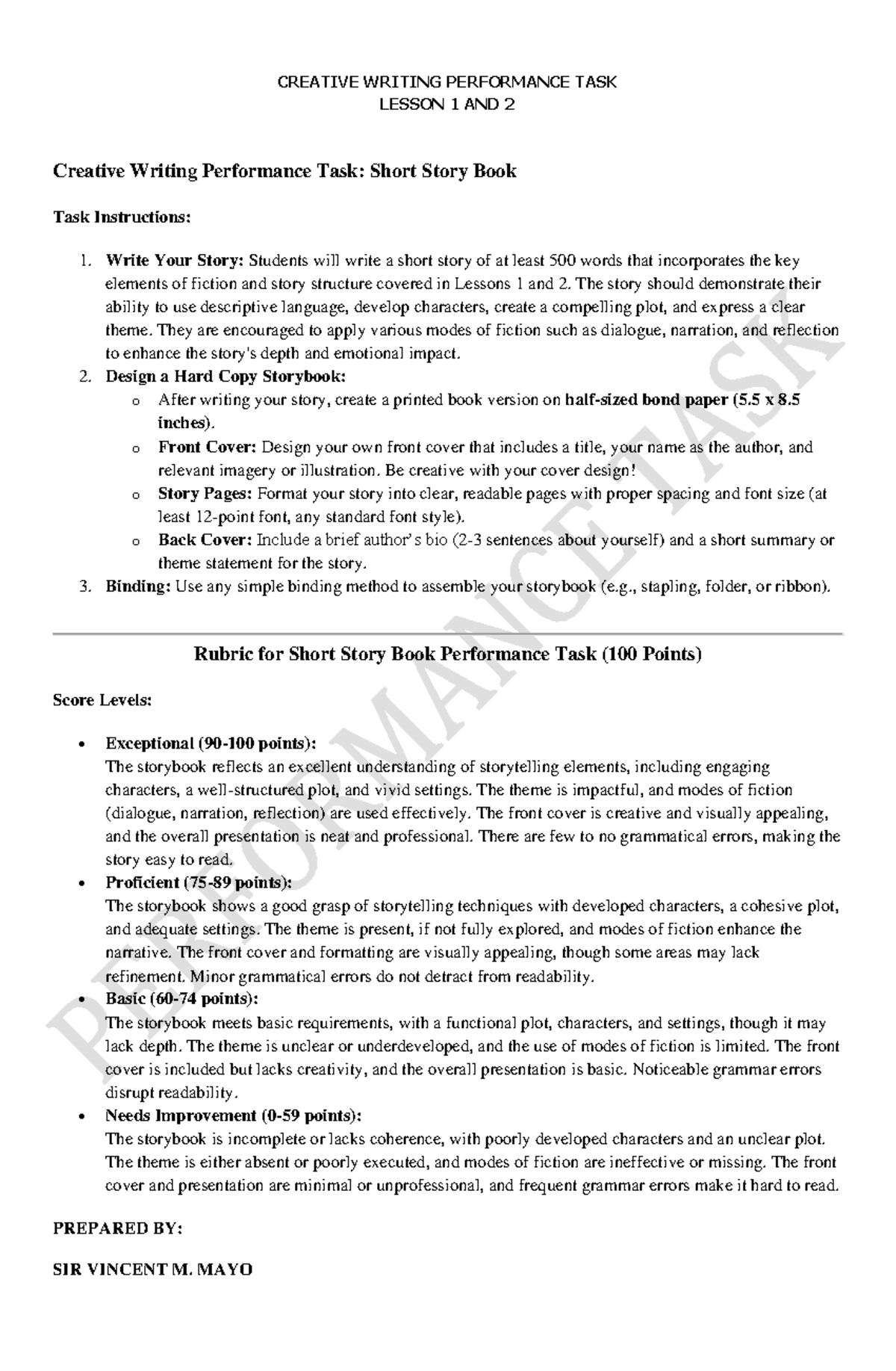 Creative Writing Performance Task: Short Story Book Overview - Studocu