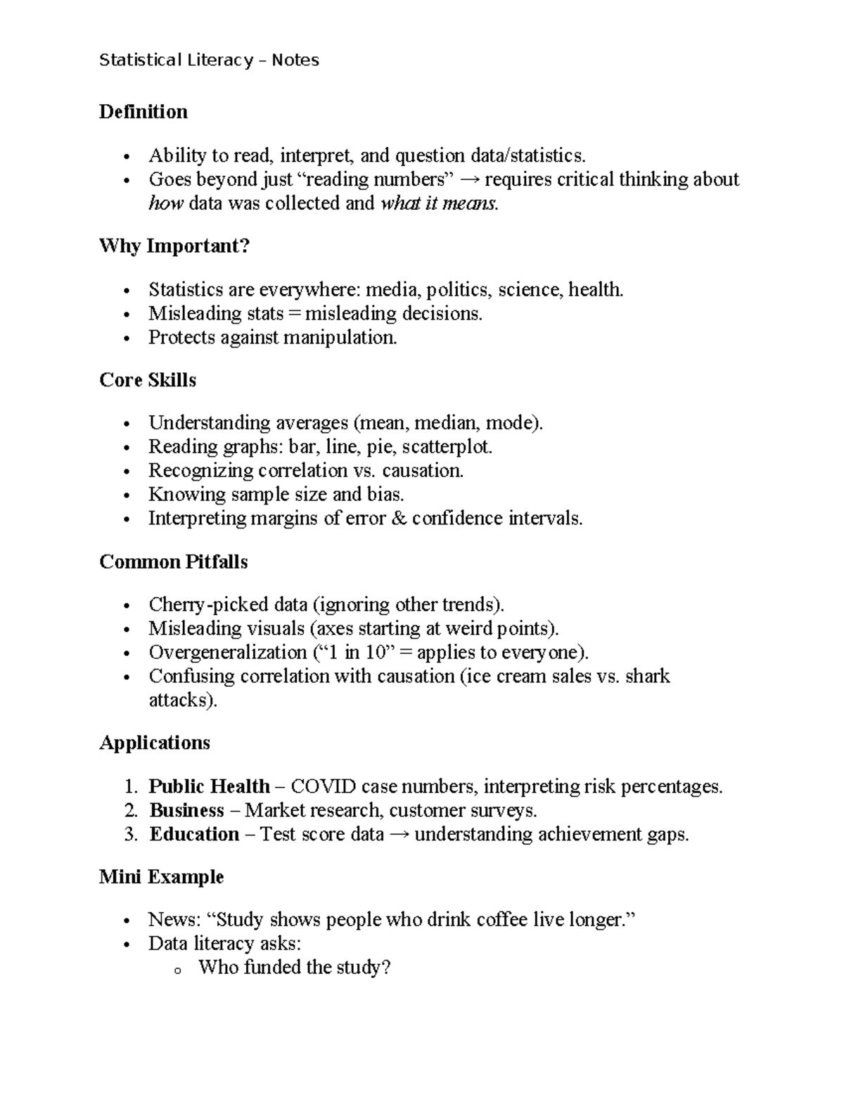 Statistical Data Literacy Notes: Understanding and Application - Studocu