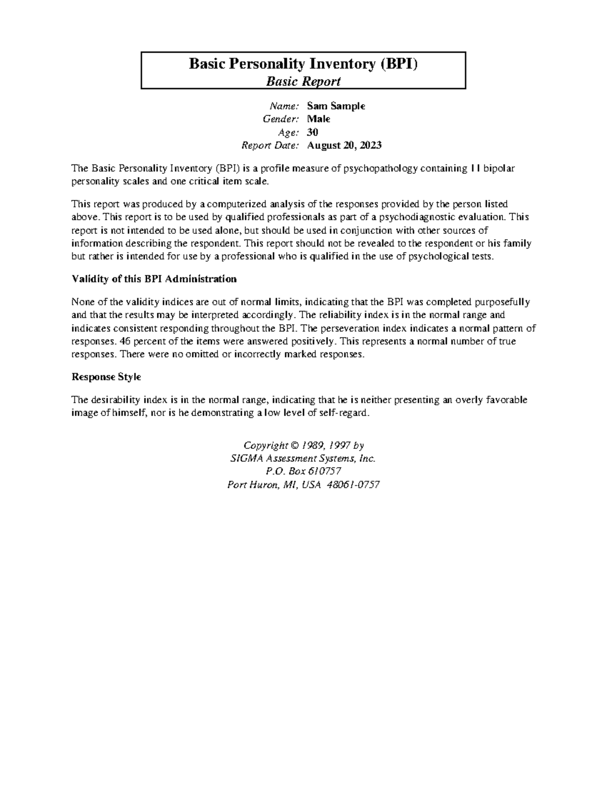 BPI Report: Psychopathology Profile for Sam Sample - Studocu
