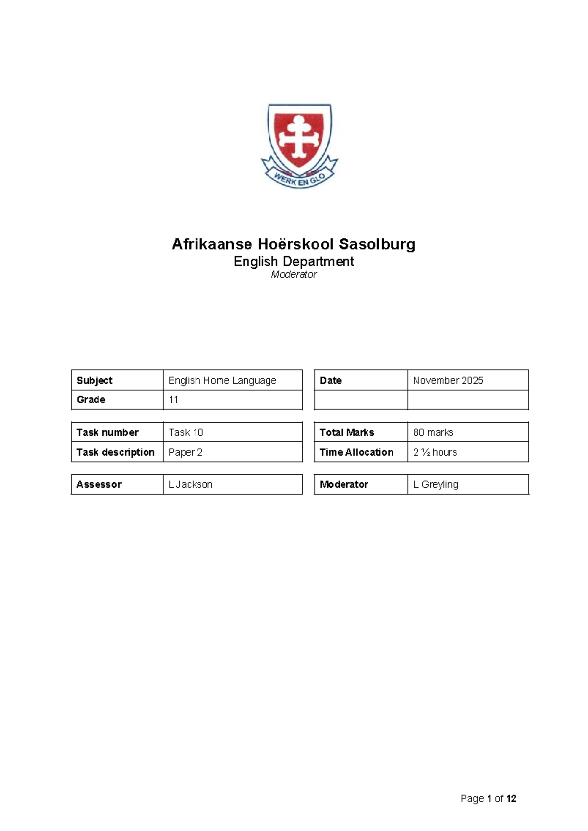 2025 Grade 11 English Home Language Paper 2 Exam (Task 10) - Studocu