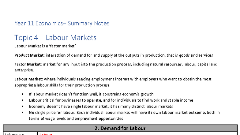 Year 11 Economics Topic 4: Summary Notes on Labour Markets - Studocu