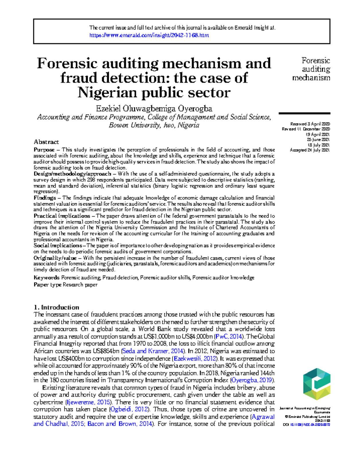 Forensic Auditing Mechanisms and Fraud Detection in Nigeria: Insights ...