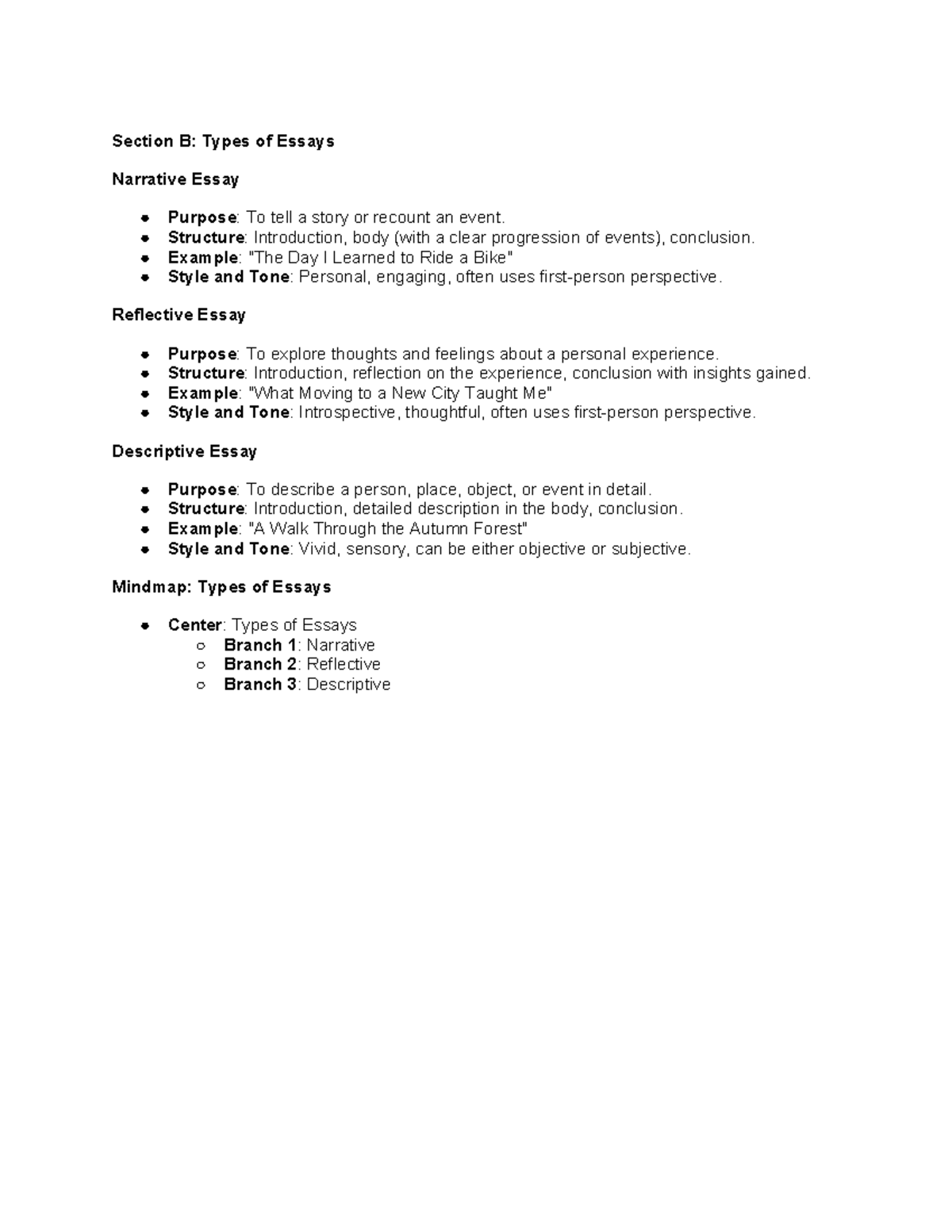Types of Essays: Narrative, Reflective, and Descriptive Insights - Studocu
