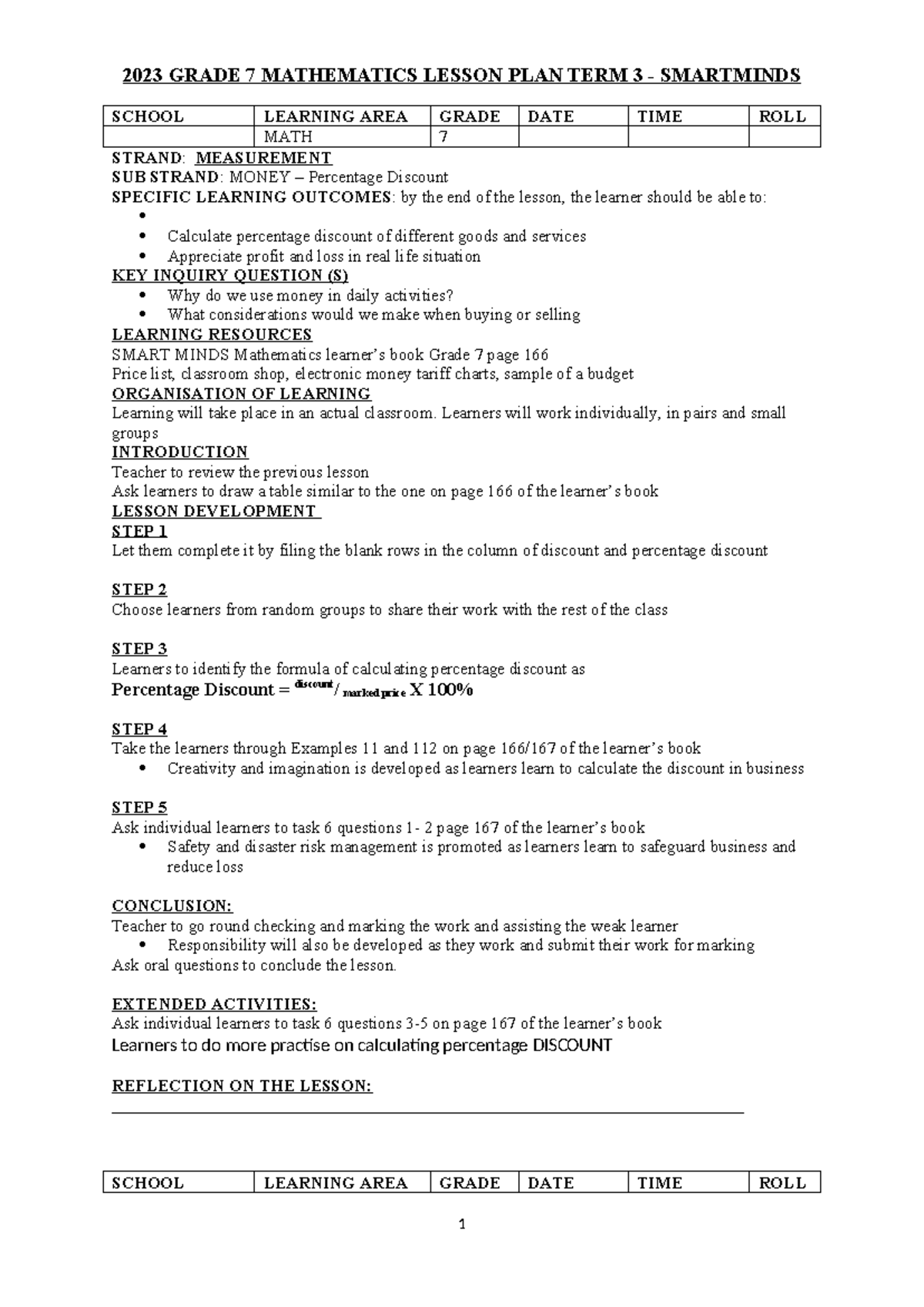 Grade 7 Mathematics Lesson Plan Term 3: Money & Angles Concepts - Studocu