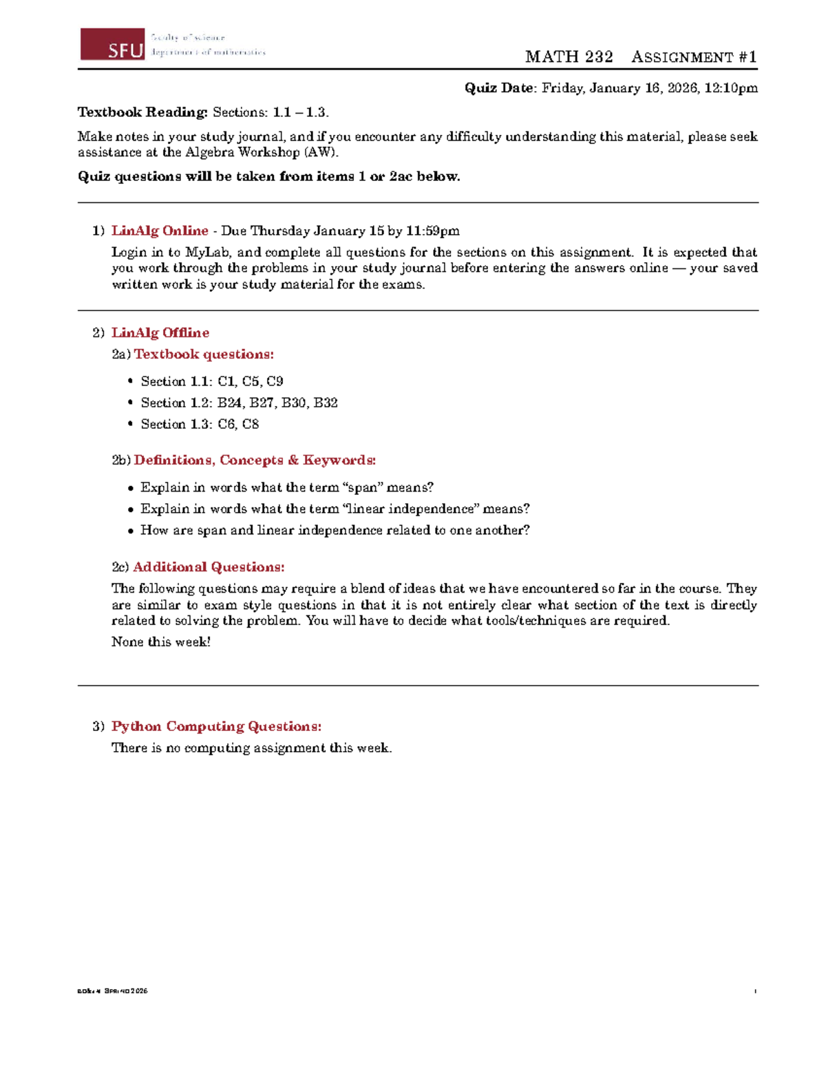 MATH 232 Quiz Assignment Notes for January 16, 2026 - Studocu