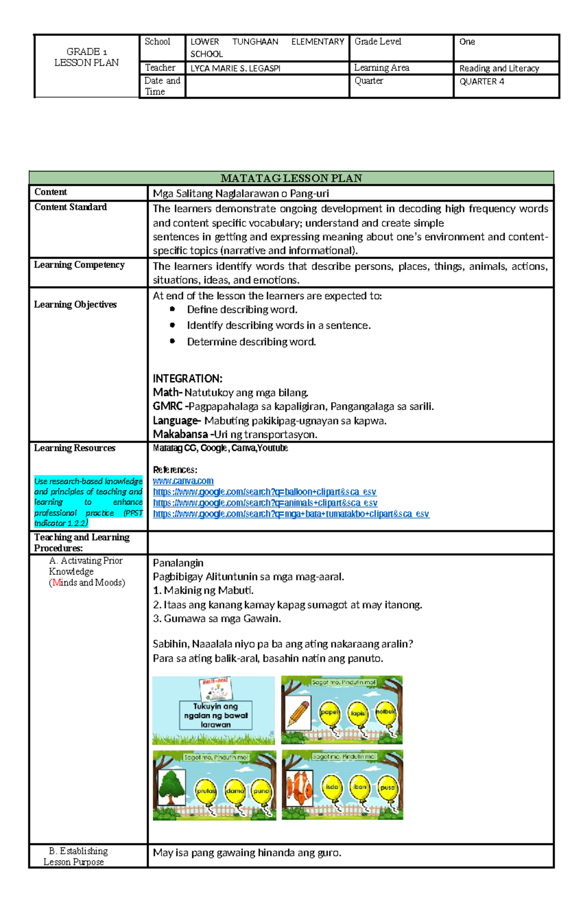Grade 1 Lesson Plan: Describing Words and Literacy (Quarter 4) - Studocu
