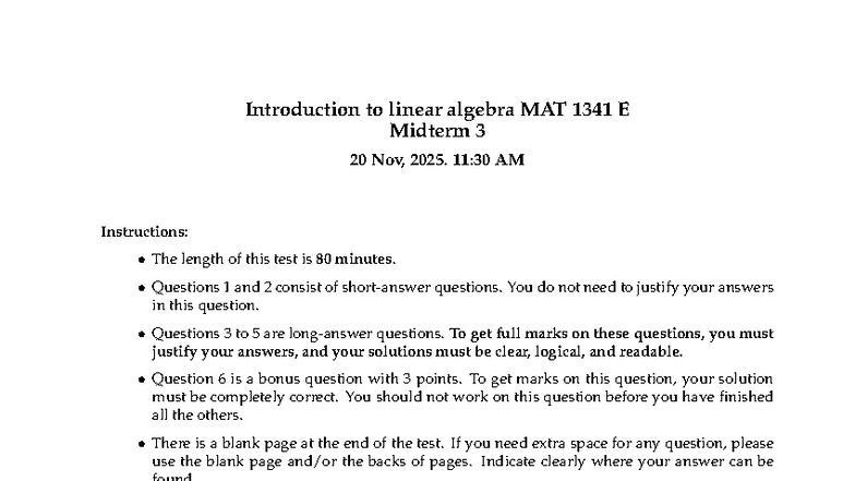 Midterm 3 Solutions for Linear Algebra MAT 1341E - Studocu