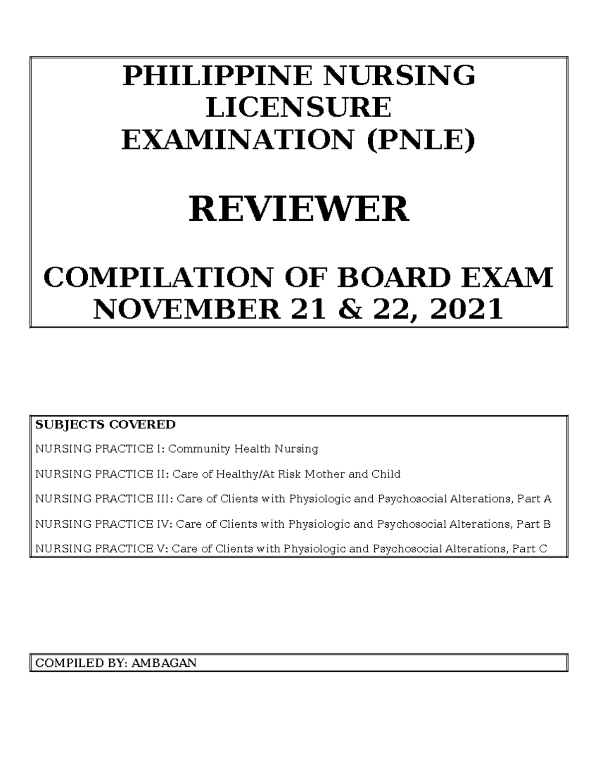 PNLE 2021 Board Exam Reviewer: November Answer Key Compilation - Studocu