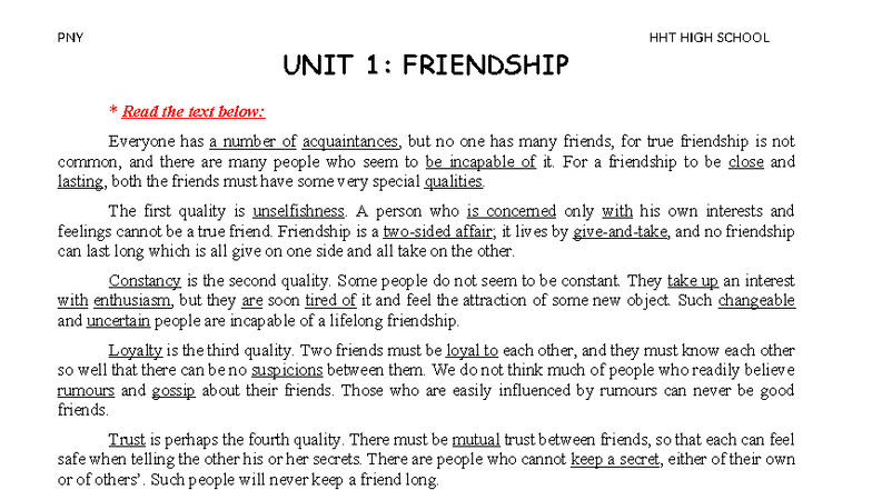 PNY HHT HIGH SCHOOL UNIT 1: VOCABULARY ON FRIENDSHIP - Studocu