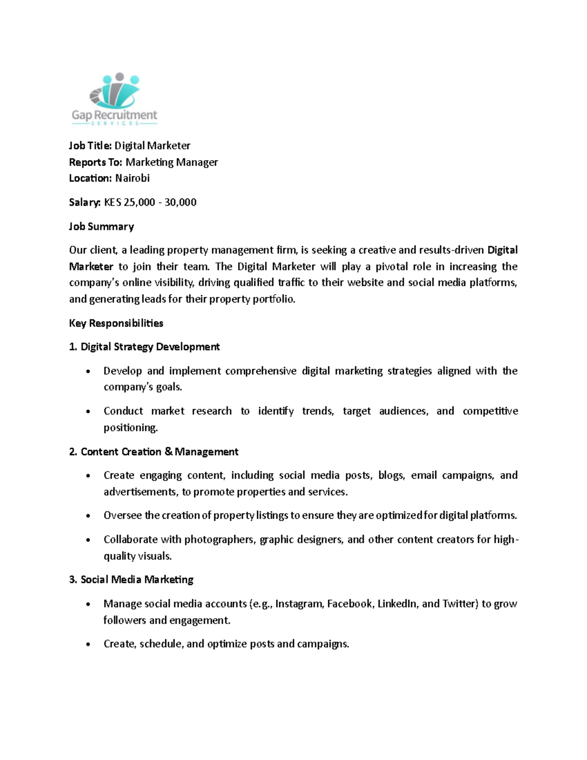 Digital Marketer JD - Job Title: Digital Marketer Reports To: Marketing ...