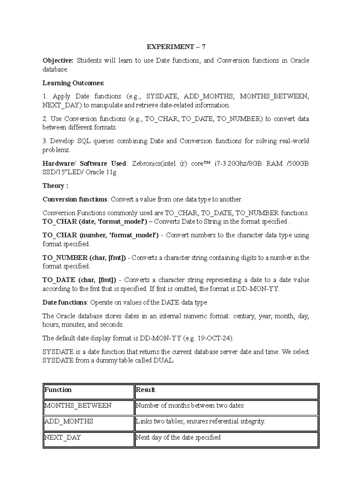 DBMS 7 - Experiment 7: Date & Conversion Functions in Oracle - Studocu